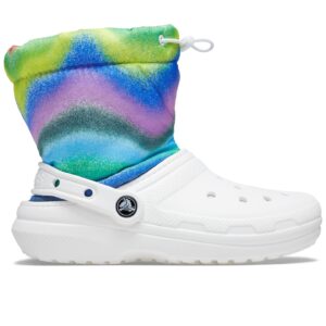 Crocs Classic Lined Neo Puff Fuzzy Winter Boots Snow, White/Multi Spray Dye, 2 US Unisex Little Kid