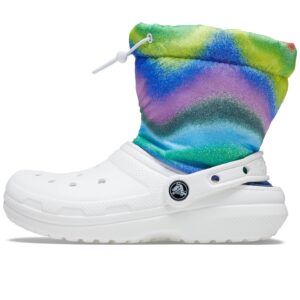 Crocs Classic Lined Neo Puff Fuzzy Winter Boots Snow, White/Multi Spray Dye, 2 US Unisex Little Kid