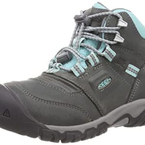 KEEN Ridge Flex Mid Height Waterproof Leather Hiking Boots, Grey/Blue Tint, 2 US Unisex Big Kid