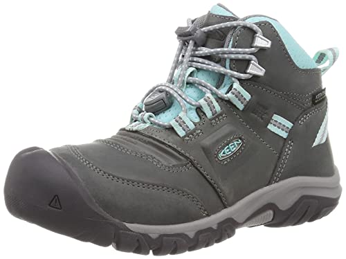 KEEN Ridge Flex Mid Height Waterproof Leather Hiking Boots, Grey/Blue Tint, 2 US Unisex Big Kid