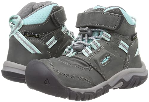 KEEN Ridge Flex Mid Height Waterproof Leather Hiking Boots, Grey/Blue Tint, 2 US Unisex Big Kid