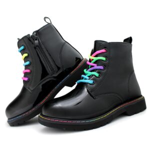 hawkwell girls boys combat work boots side zipper ankle boots with rainbow lace up,black patent pu,2 m us little kid