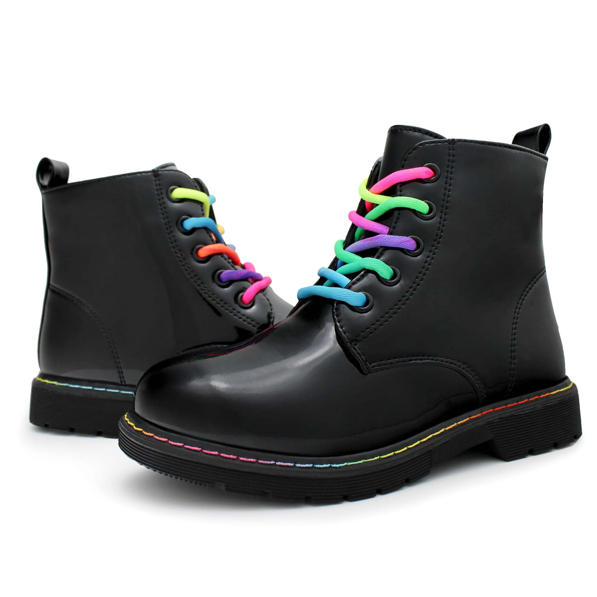 Hawkwell Girls Boys Combat Work Boots Side Zipper Ankle Boots with Rainbow Lace Up,Black Patent PU,2 M US Little Kid