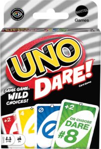 mattel games uno dare card game for family night featuring challenging and silly dares from 3 different categories