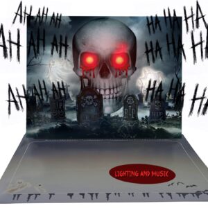 dtesl 3d greeting pop up halloween card with light and music, for kids, friend, boyfriend, girlfriend, husband, him, women - skull, trick or treat, ghost, pumpkin envelope