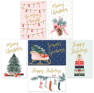 sweetzer & orange christmas cards set - 24 gold foil holiday cards with red envelopes – 6 assorted designs boxed for easy storage - bulk greeting and new years cards - 4x6