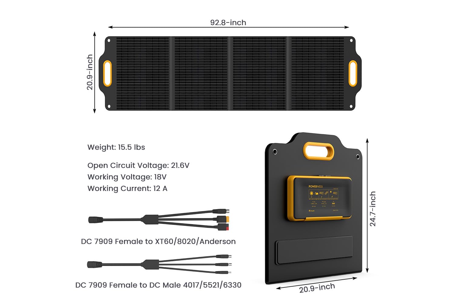 Powerness 200 Watt 18V Portable Solar Panel with 16.4 Feet/5 Meters DC Extension Cable