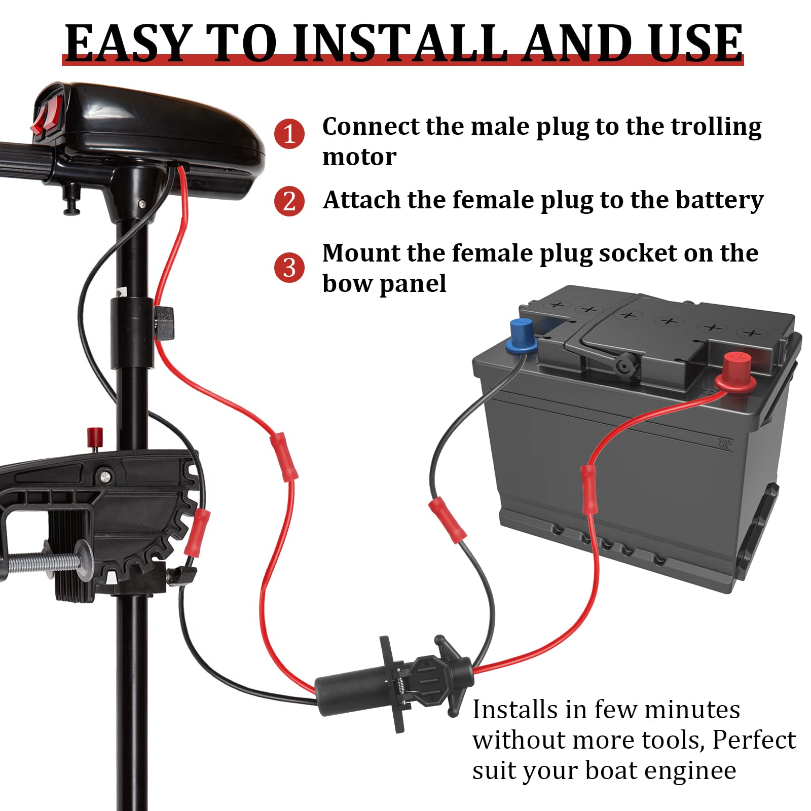 Trolling Motor Plug, Trolling Motor Plug and Receptacle 12v Compatible With Minn Kota Marine Boat, Male & Female Trolling Motor Connector, Waterproof Trolling Motor Quick Connect, Quick Connect Electr