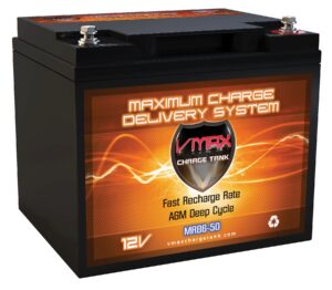 vmax mr86-50 12v 50ah agm deep cycle battery (7.8"lx6.6"wx6.7"h) compatible with motorguide r3-45 hand control transom mount - 09mt- 45lbs trolling motor