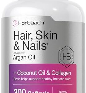 Horbäach Hair Skin and Nails Vitamins | 300 Softgels | with Biotin and Collagen | Infused with Argan Oil and Coconut Oil | Non-GMO, Gluten Free Supplement