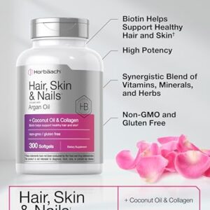 Horbäach Hair Skin and Nails Vitamins | 300 Softgels | with Biotin and Collagen | Infused with Argan Oil and Coconut Oil | Non-GMO, Gluten Free Supplement