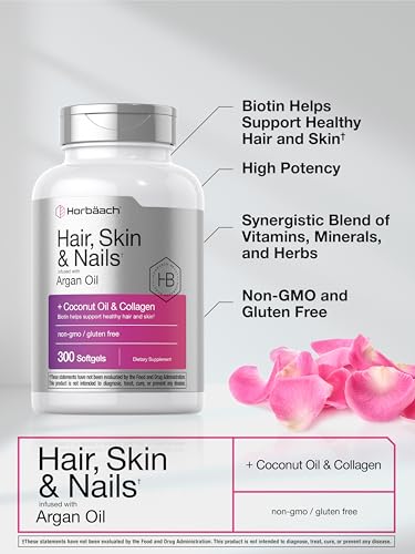 Horbäach Hair Skin and Nails Vitamins | 300 Softgels | with Biotin and Collagen | Infused with Argan Oil and Coconut Oil | Non-GMO, Gluten Free Supplement