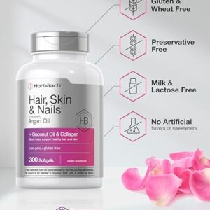 Horbäach Hair Skin and Nails Vitamins | 300 Softgels | with Biotin and Collagen | Infused with Argan Oil and Coconut Oil | Non-GMO, Gluten Free Supplement