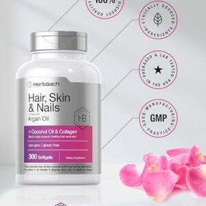 Horbäach Hair Skin and Nails Vitamins | 300 Softgels | with Biotin and Collagen | Infused with Argan Oil and Coconut Oil | Non-GMO, Gluten Free Supplement