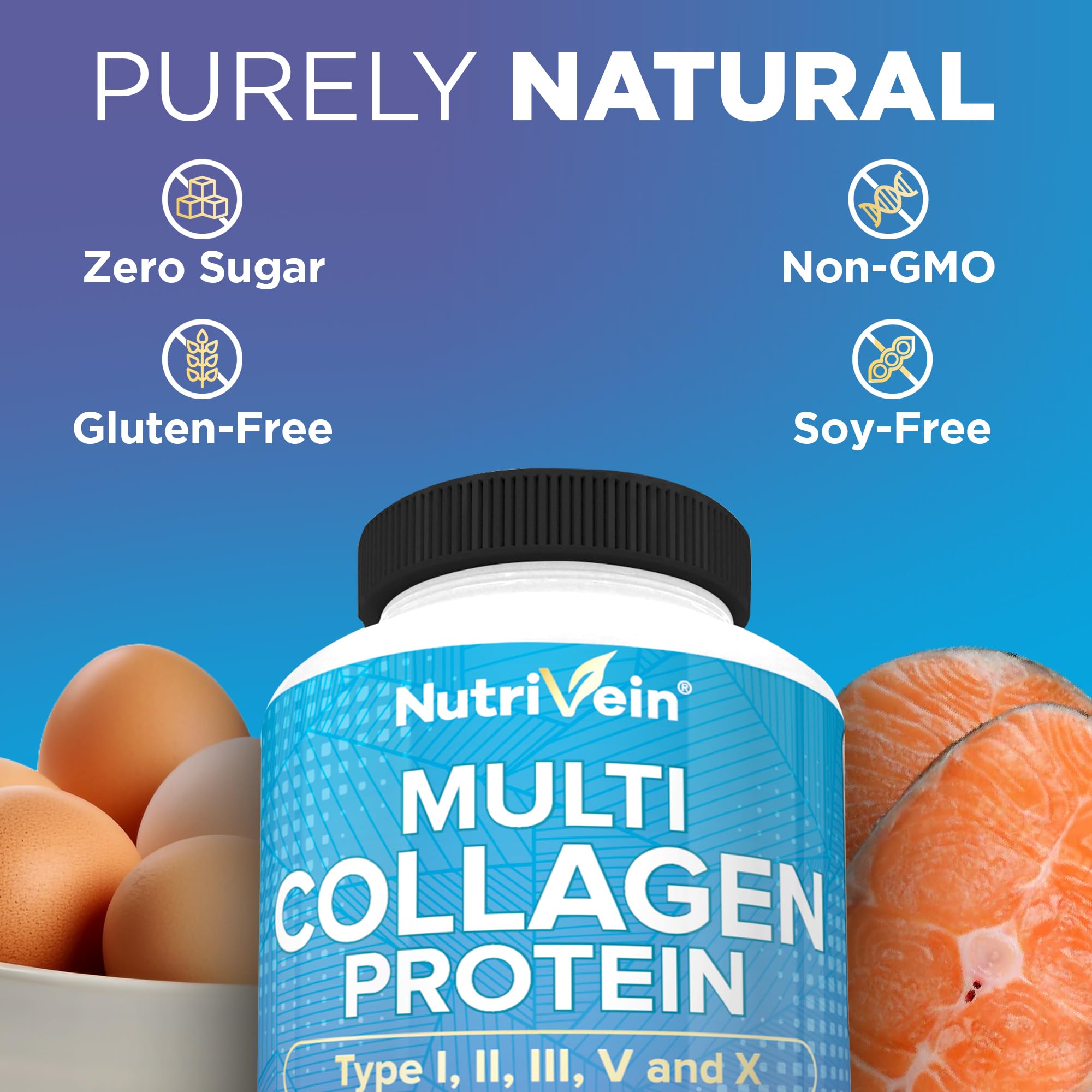 Nutrivein Multi Collagen Pills 2250mg - 180 Collagen Capsules - Type I, II, III, V, X - Anti-Aging, Healthy Joints, Hair, Skin, Bones, Nails, Hydrolyzed Protein Collagen Peptides for Woman and Men