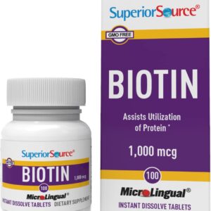 Superior Source Biotin 1000 mcg. Under The Tongue Quick Dissolve MicroLingual Tablets, 100 Count, Supports Healthy Hair, Skin, and Nail Growth, Helps Support Energy Metabolism, Non-GMO