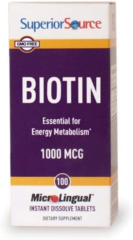 Superior Source Biotin 1000 mcg. Under The Tongue Quick Dissolve MicroLingual Tablets, 100 Count, Supports Healthy Hair, Skin, and Nail Growth, Helps Support Energy Metabolism, Non-GMO