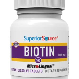 Superior Source Biotin 1000 mcg. Under The Tongue Quick Dissolve MicroLingual Tablets, 100 Count, Supports Healthy Hair, Skin, and Nail Growth, Helps Support Energy Metabolism, Non-GMO