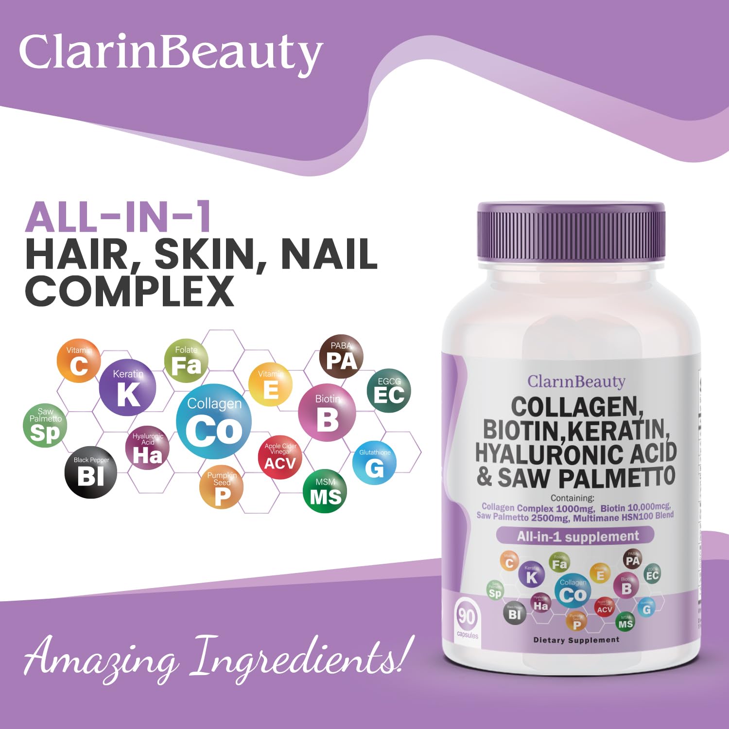 ClarinBeauty 100% Natural Collagen Pills 1000mg Biotin 10000mcg Keratin Saw Palmetto 2500mg Hyaluronic Acid & Pumpkin Seed with Vitamin C and Vitamin E