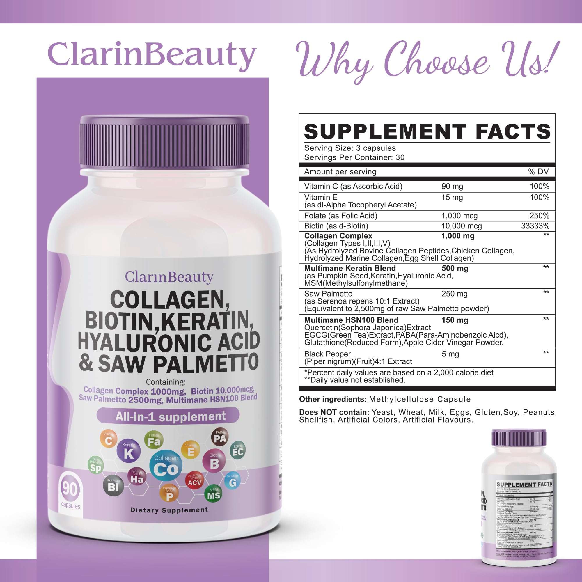 ClarinBeauty 100% Natural Collagen Pills 1000mg Biotin 10000mcg Keratin Saw Palmetto 2500mg Hyaluronic Acid & Pumpkin Seed with Vitamin C and Vitamin E