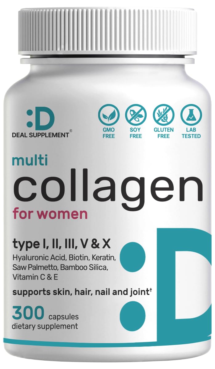 Multi-Collagen 1000mg Bamboo Silica 50mg Hyaluronic Acid 50mg Saw Palmetto 100mg Hydrolyzed Keratin 100mg & Vitamin C & E with Biotin 5000mcg - 11 in 1 Formula for Hair, Skin, Nail & Joint Health