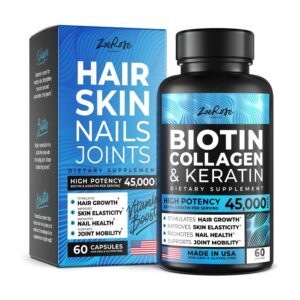 zoerose biotin collagen & keratin capsules - hair, skin and nails vitamins, collagen supplements for hair growth and support joints mobility with vitamin a,d, b6 and b12 - made in usa - 60 capsules