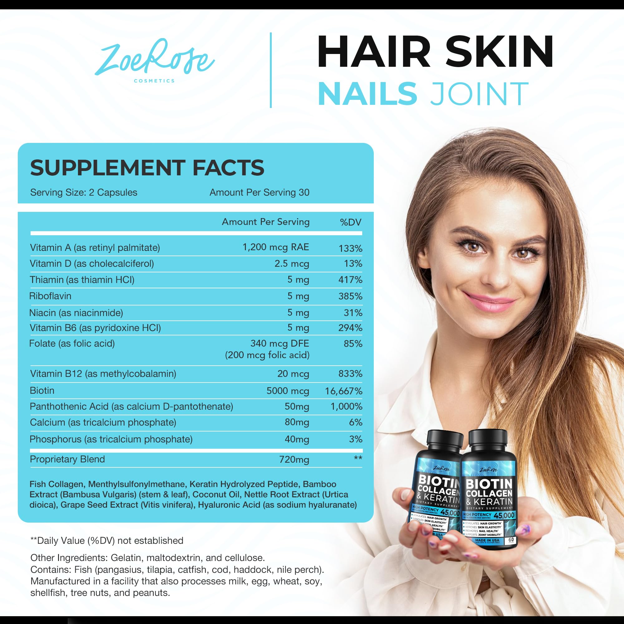 ZoeRose Biotin Collagen & Keratin Capsules - Hair, Skin and Nails Vitamins, Collagen Supplements for Hair Growth and Support Joints Mobility with Vitamin A,D, B6 and B12 - Made in USA - 60 Capsules