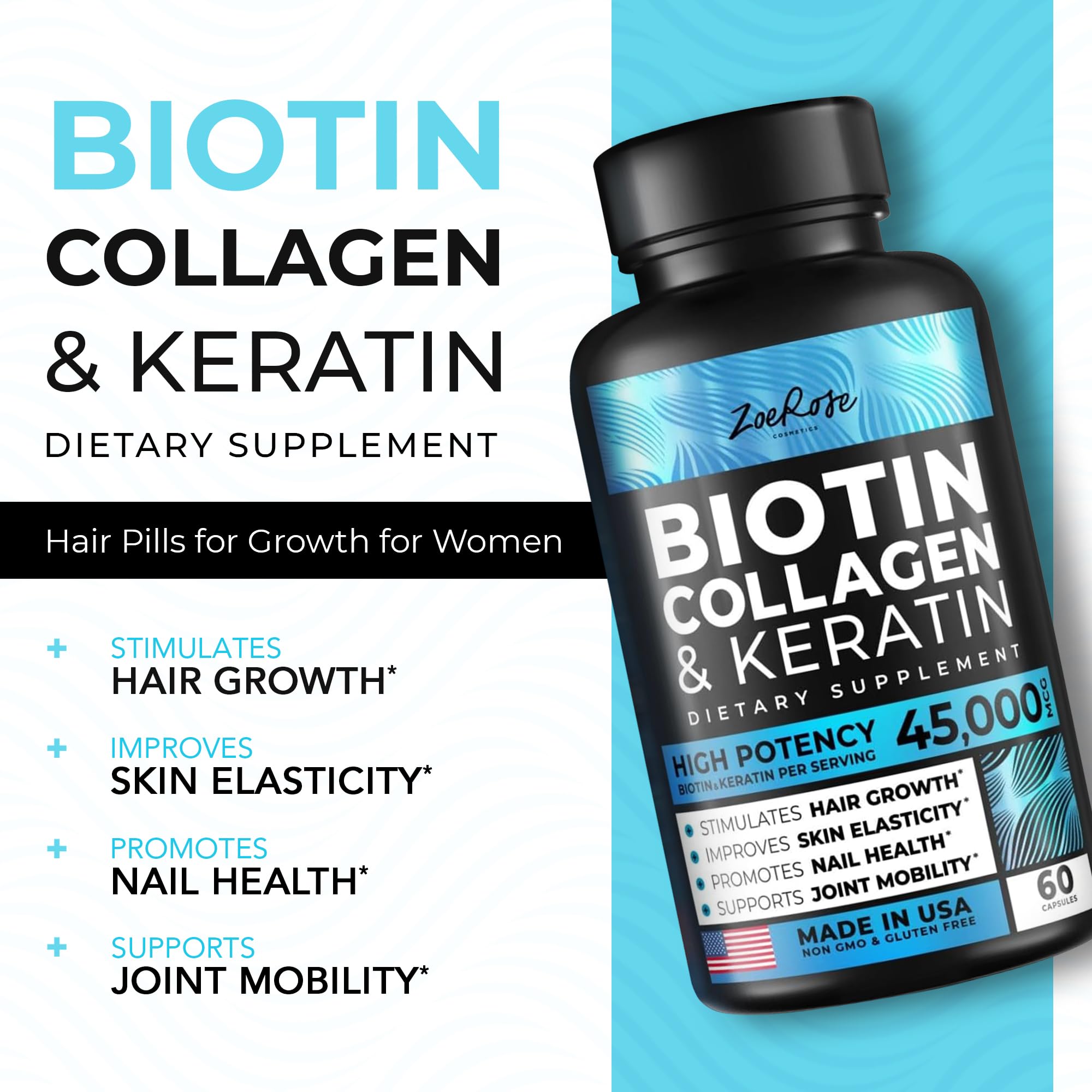 ZoeRose Biotin Collagen & Keratin Capsules - Hair, Skin and Nails Vitamins, Collagen Supplements for Hair Growth and Support Joints Mobility with Vitamin A,D, B6 and B12 - Made in USA - 60 Capsules