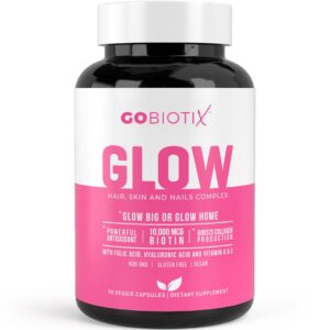 glow vitamins - hair skin and nails multivitamin supplement - 10,000mcg biotin pills with hyaluronic acid, folate, iron, magnesium, and zinc - boosts collagen production, hair growth, 90 capsules