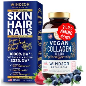 windsor botanicals vegan collagen builder - plant based vegan collagen supplements for women - 30ct