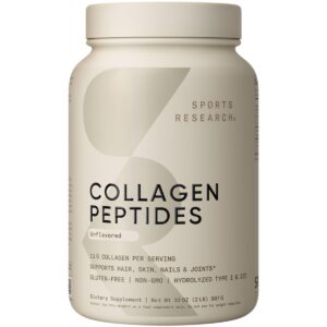 sports research collagen peptides - hydrolyzed type 1 & 3 collagen powder protein supplement for healthy skin, nails, & joints - easy mixing vital nutrients & proteins, collagen for women & men