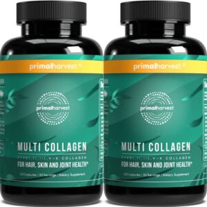 primal harvest 2 pack, multi collagen pills for women and men (type i, ii, iii, v, x) collagen supplements for women and men, 120 capsules w/vitamin c for hair, skin, nails collagen peptides pills