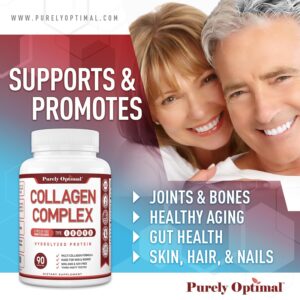 Purely Optimal Premium Multi Collagen Peptides Capsules (Types I, II, III, V, X) - Hair, Skin and Nails, Digestive & Joint Health Supplement, Hydrolyzed Collagen Pills (90 Capsules)