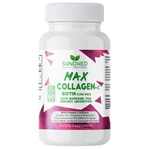 sundhed natural max collagen plus c (60 caps) - all natural collagen capsules with biotin & bioperine to boost anti aging hydration & skin firmness - collagen pills to strengthen bones & nails