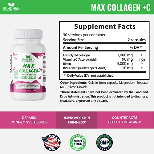 Sundhed Natural Max Collagen Plus C (60 caps) - All Natural Collagen Capsules with Biotin & Bioperine to Boost Anti Aging Hydration & Skin Firmness - Collagen Pills to Strengthen Bones & Nails