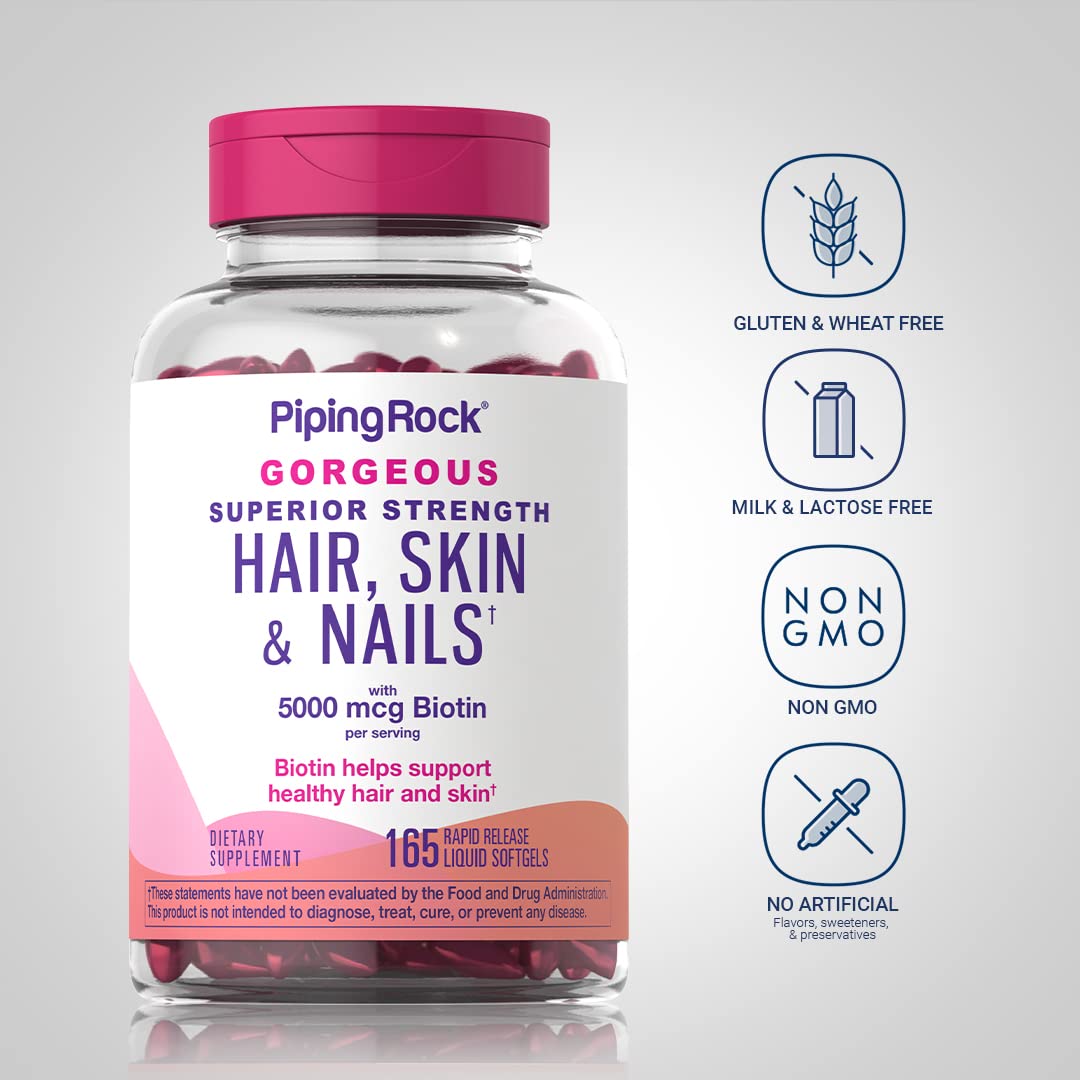 Piping Rock Hair Skin and Nails Vitamins | 165 Softgels | 5000 mcg of Biotin | with Moroccan Oil and Collagen | Womens Multivitamin | Non-GMO, Gluten Free Supplement