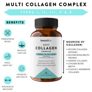 Collagen Pills for Women & Men (Types I, II, III, V & X) - Hydrolyzed Multi Collagen Pills - Collagen Peptides Capsules for Hair, Skin, Nails, Joints & Bones - Bioactive Complex Supplement - BeautiBe