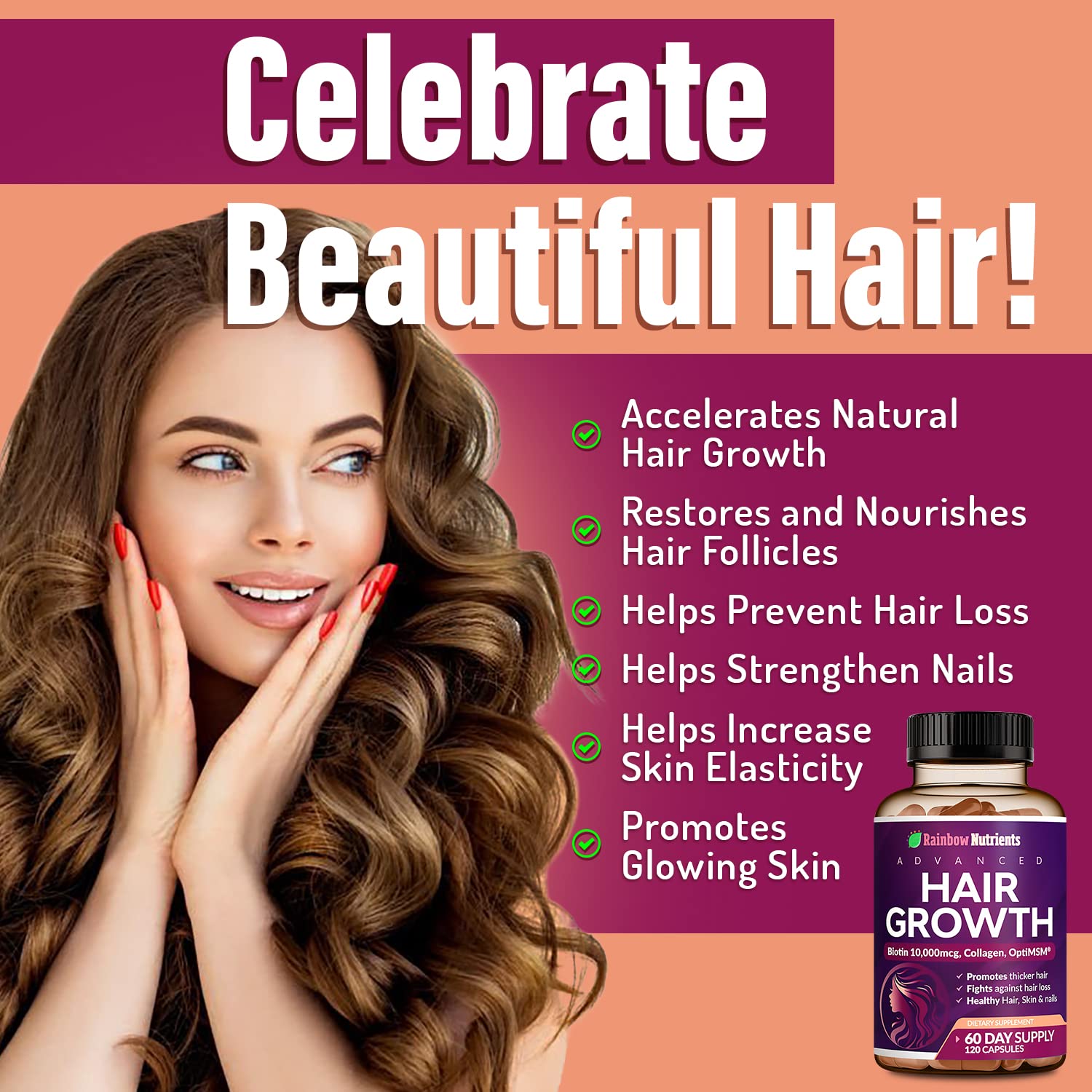 Hair Growth Vitamins for Women | Biotin 10,000mcg, Collagen, Patented OptiMSM®, goMCT®, Saw Palmetto | Naturally Regrow Stronger & Healthier Hair, Skin and Nails | Stops Hair Loss | 60 Day Supply