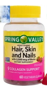 spring valley vegetarian biotin hair, skin, and nails gummies, 60 ct + 1 mini pill container (color varies)