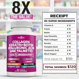 Collagen Pills 1000mg Biotin 10000mcg Keratin Saw Palmetto 2500mg Hyaluronic Acid - Hair Skin and Nails Vitamins and DHT Blocker with Vitamin E Folic Acid Pumpkin Seed MSM Made in USA - 180 Count