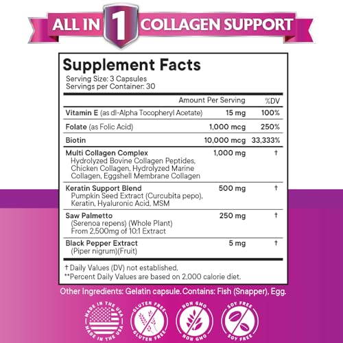 Collagen Pills 1000mg Biotin 10000mcg Keratin Saw Palmetto 2500mg Hyaluronic Acid - Hair Skin and Nails Vitamins and DHT Blocker with Vitamin E Folic Acid Pumpkin Seed MSM Made in USA - 180 Count