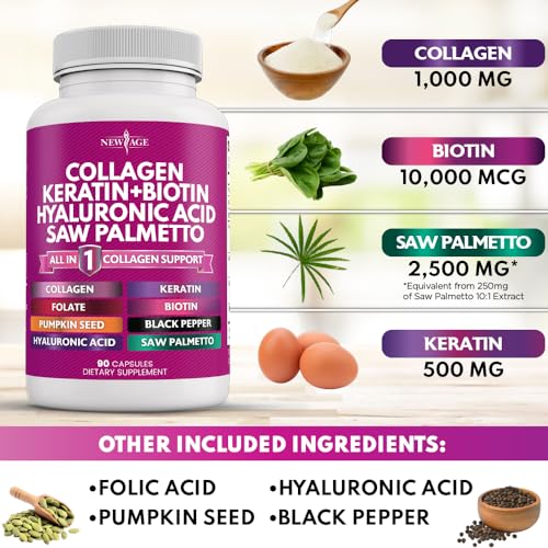 Collagen Pills 1000mg Biotin 10000mcg Keratin Saw Palmetto 2500mg Hyaluronic Acid - Hair Skin and Nails Vitamins and DHT Blocker with Vitamin E Folic Acid Pumpkin Seed MSM Made in USA - 180 Count