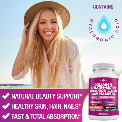 Collagen Pills 1000mg Biotin 10000mcg Keratin Saw Palmetto 2500mg Hyaluronic Acid - Hair Skin and Nails Vitamins and DHT Blocker with Vitamin E Folic Acid Pumpkin Seed MSM Made in USA - 180 Count