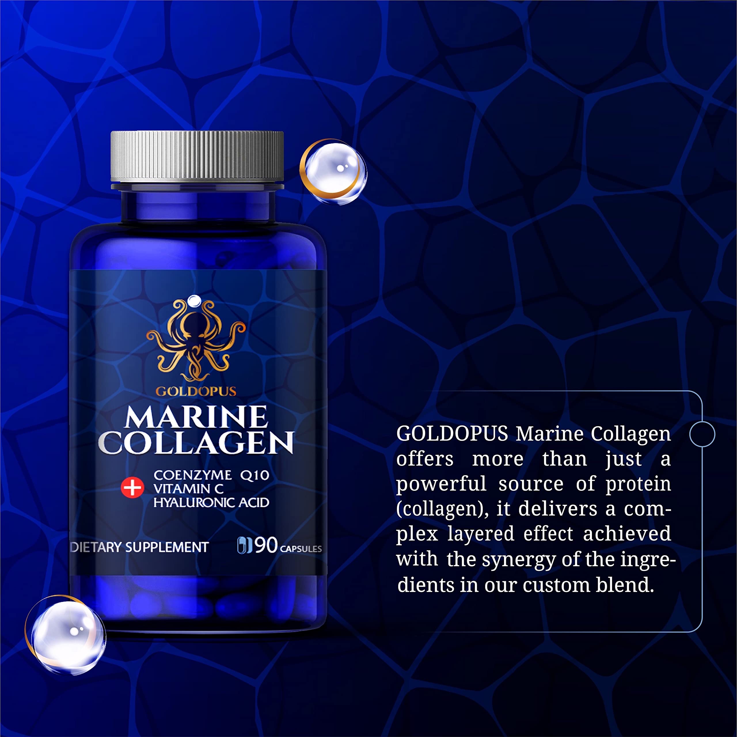 GOLDOPUS Marine Collagen Capsules with Hyaluronic Acid, Coenzyme Q10, Vitamin C - Preserve Beauty and Youth - Promote Firm Skin, Strong Nails&Hair, Healthy Joints, 90 Capsules, 1 Month Supply