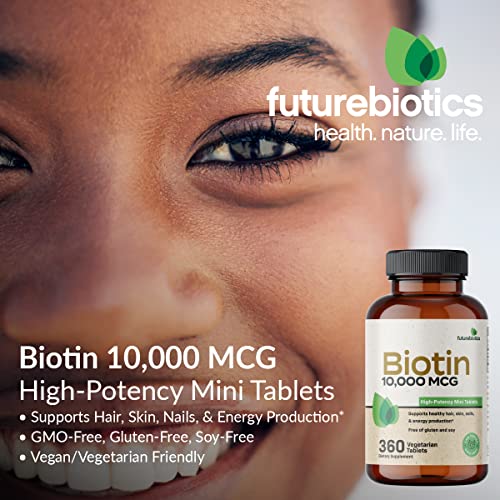 Futurebiotics Biotin 10,000 MCG High Potency Tablets Supports Healthy Hair, Skin & Nails & Energy Production, Non-GMO, 360 Vegetarian Tablets