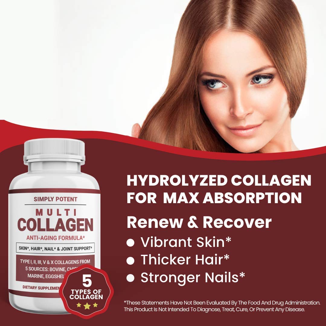 Multi Collagen Peptides Powder Pills, High Bioavailable Hydrolyzed Collagen Protein Supplement with 5 Collagen Types I, II, III, V, and X for Skin, Hair, Nail & Joint Support, 60 Capsules