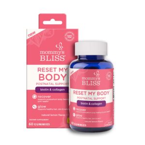 mommy's bliss postnatal support reset my body gummies with biotin & collagen, supports postpartum energy, healing & joint health + hair, skin & nails health, gluten free, 60 gummies (30 servings)