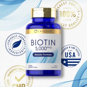 Carlyle Biotin 5000mcg Softgels | 200 Count | Vitamins for Hair Skin and Nails | Non-GMO, Gluten Free Supplement