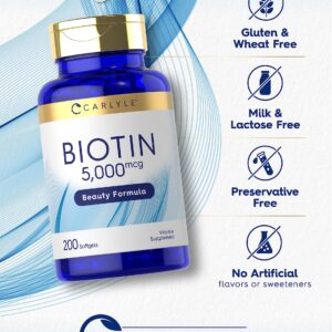 Carlyle Biotin 5000mcg Softgels | 200 Count | Vitamins for Hair Skin and Nails | Non-GMO, Gluten Free Supplement