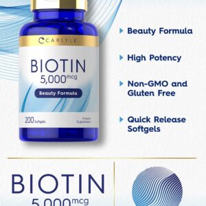 Carlyle Biotin 5000mcg Softgels | 200 Count | Vitamins for Hair Skin and Nails | Non-GMO, Gluten Free Supplement